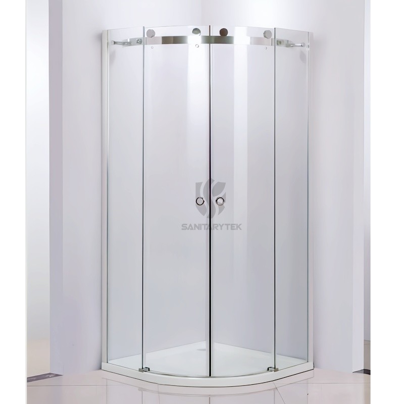 Frameless quadrant shower enclosure with sliding doors